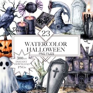 Watercolor Halloween PNG Clipart Bundle, Gothic Halloween PNG, Spooky ...