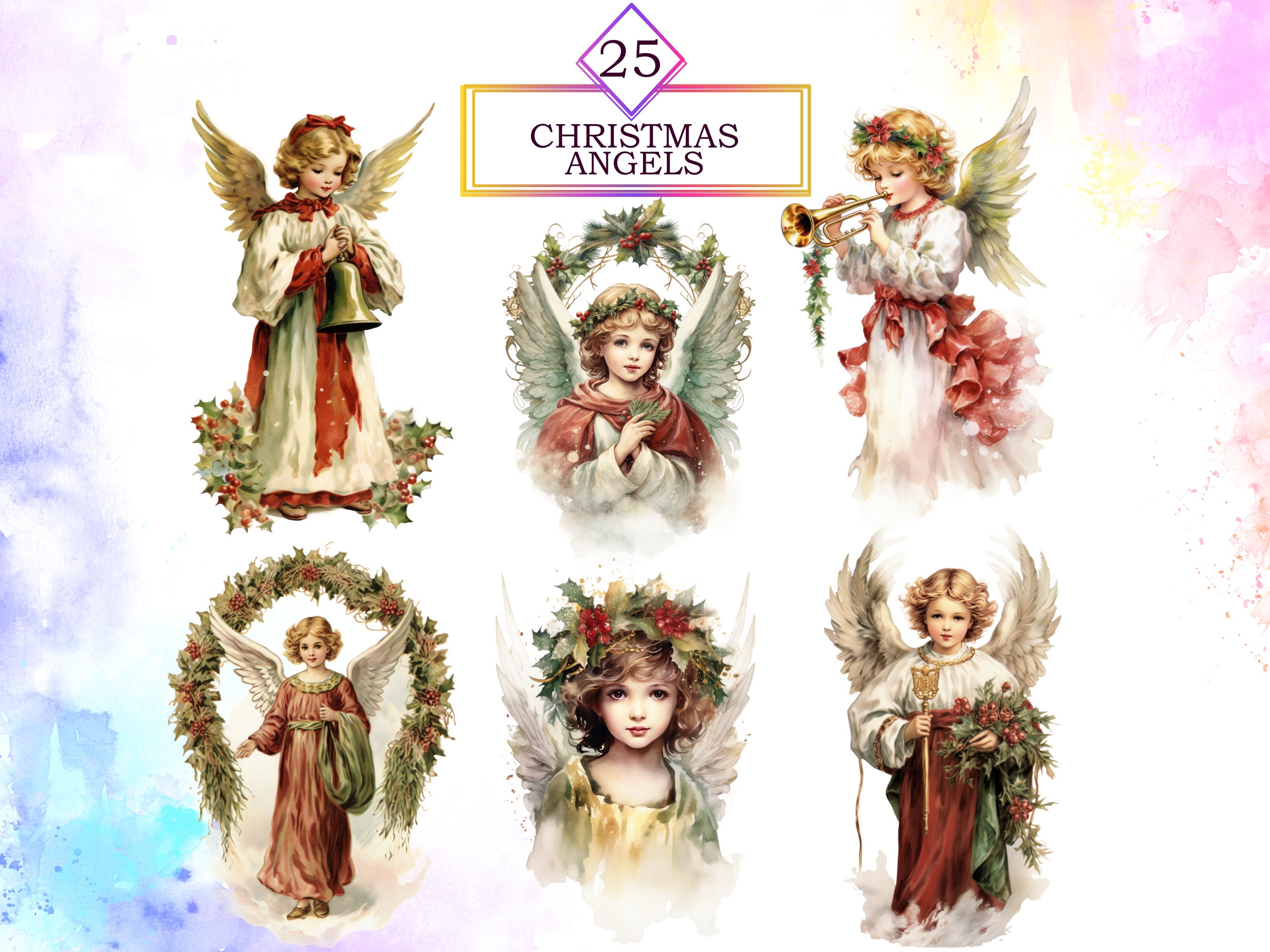 Christmas Angels Watercolor Clipart PNG, Vintage Christmas Angel ...