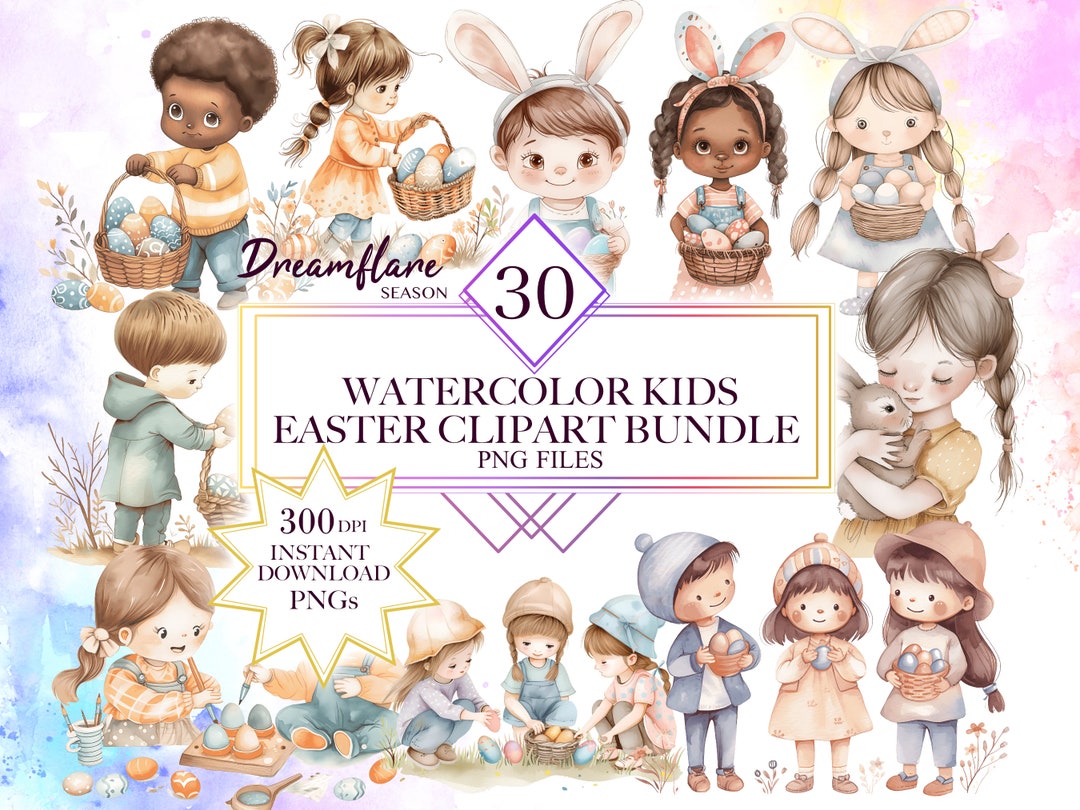 Watercolor Kids Easter Clipart Bundle, Easter PNG, Kids PNG, Spring ...
