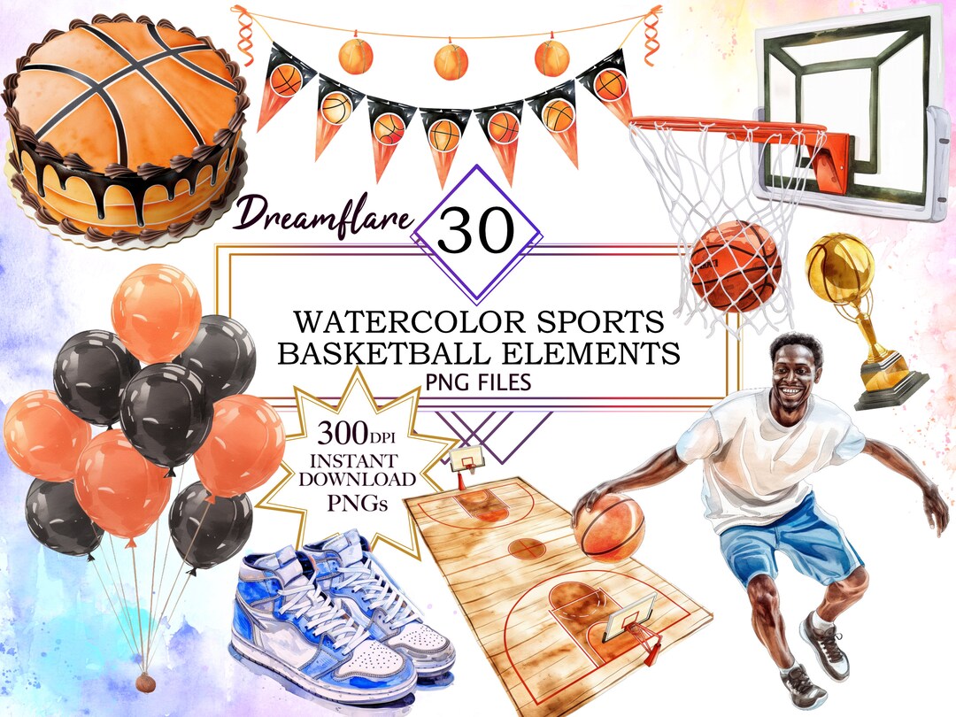 30 Watercolor Sports Basketball Elements Clipart PNG Bundle, Basketball ...