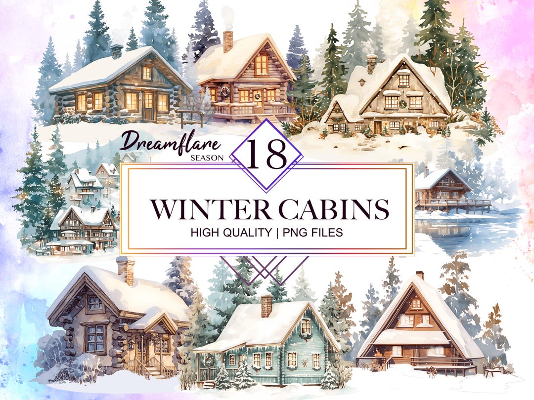 Watercolor Winter Cabins PNG Bundle, Skiing PNG, Winter Lodge PNG ...