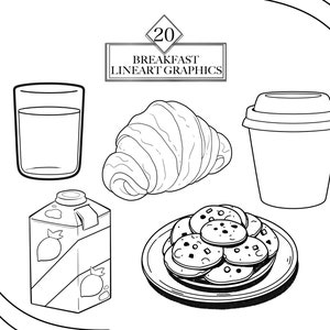 Breakfast Foods Lineart PNG Bundle, Kawaii Foods Clipart, Digital Stamp ...