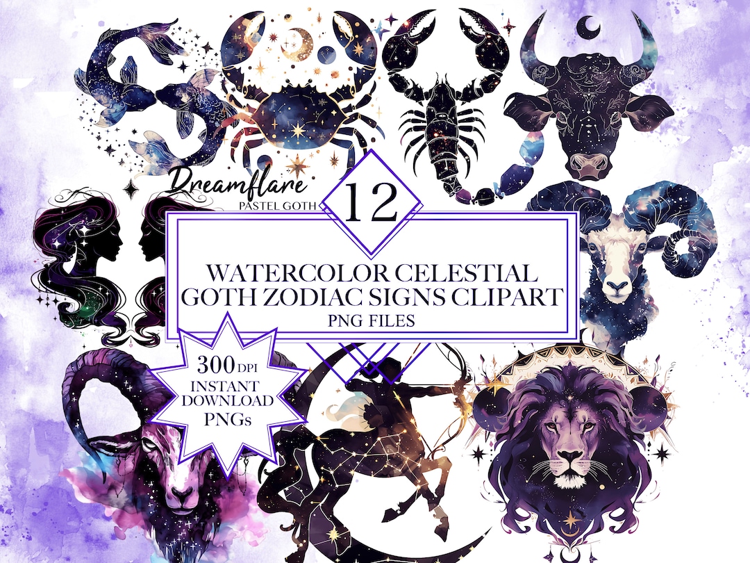 Watercolor Gothic Zodiac Signs Clipart Bundle, Horoscope Clipart ...