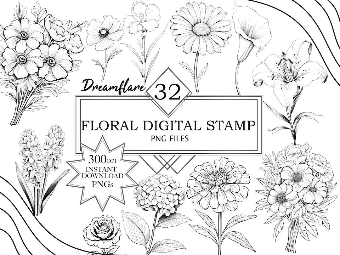 Floral Digital Stamp, Flower Digital Stamp, Digi Stamp, Digital Stamp ...