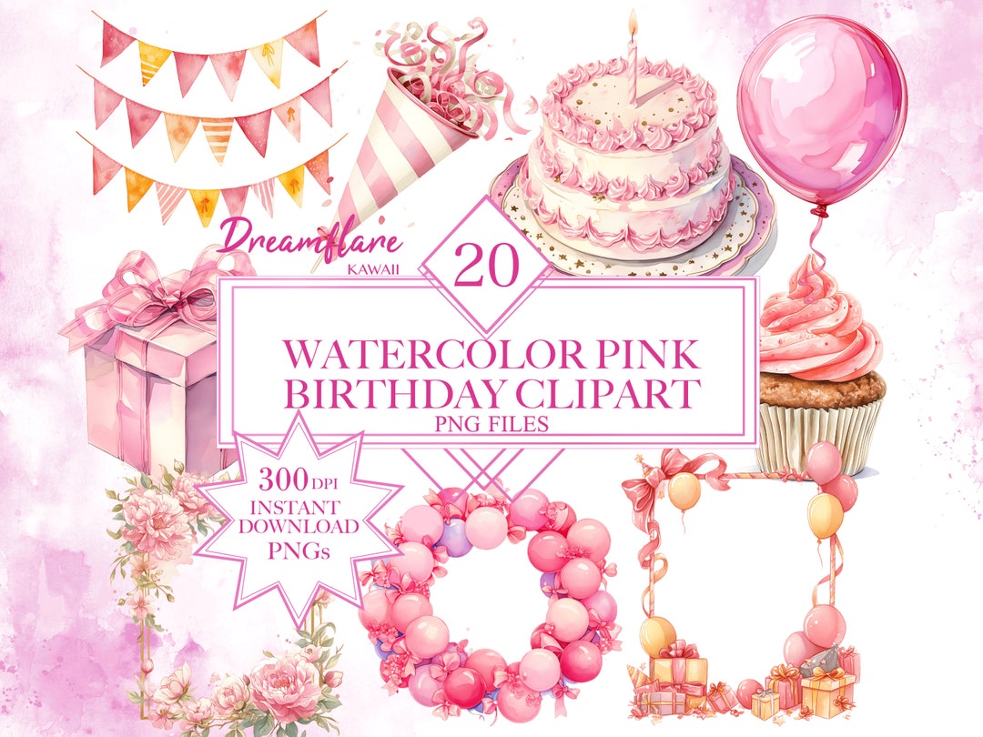 Watercolor Pink Birthday Clipart Bundle, Pink Birthday PNG, Watercolor ...
