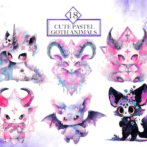 Watercolor Pastel Goth Animals PNG Bundle, Kawaii Pastel Goth Clipart ...