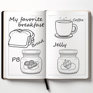 Breakfast Foods Lineart PNG Bundle, Kawaii Foods Clipart, Digital Stamp ...