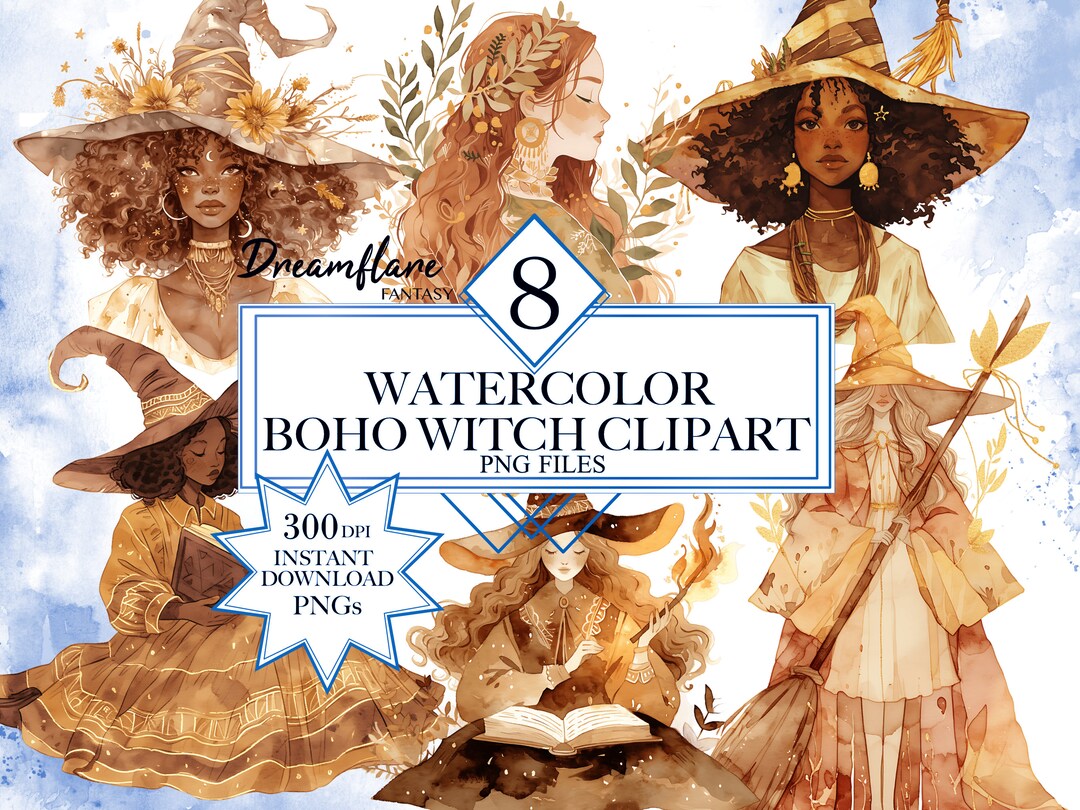 Watercolor Boho Witch Clipart Bundle, Witch Clipart, Cottagecore Witch ...