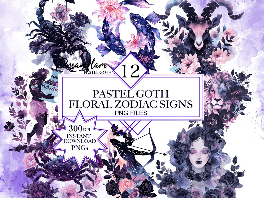 Watercolor Pastel Goth Floral Zodiac Signs PNG Bundle, Horoscope PNG ...