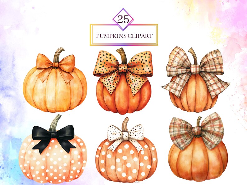 Watercolor Autumn Pumpkins Clipart Bundle, Coquette Pumpkin PNG, Plaid ...