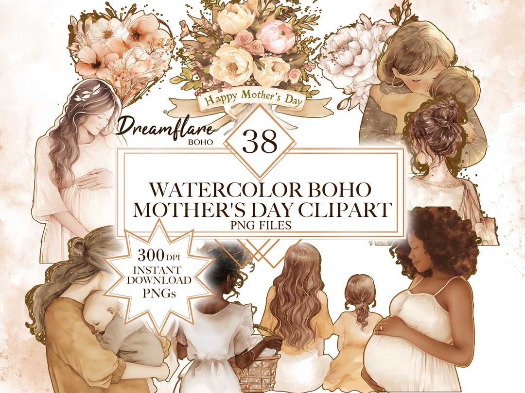 Watercolor Cozy Boho Mothers Day Clipart Bundle, Neutral Watercolor ...
