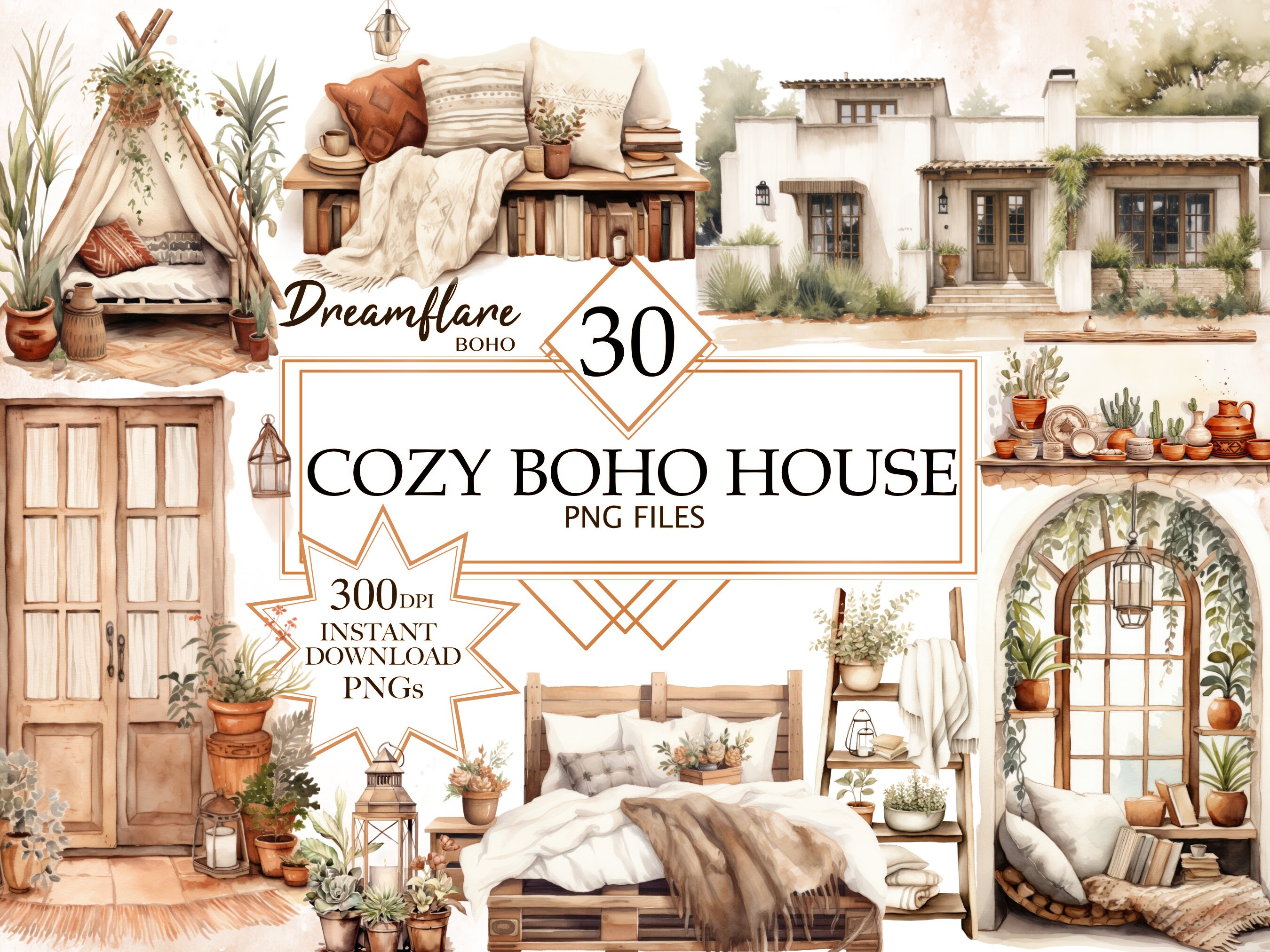 Watercolor Boho Cozy House PNG Clipart, Boho Clipart, Rustic Cozy House ...