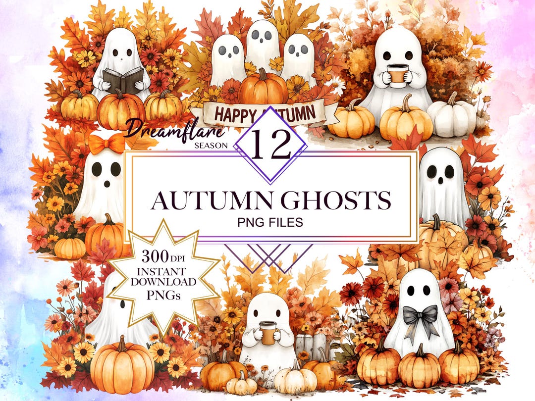 Watercolor Autumn Ghosts PNG Clipart Bundle, Floral Ghost PNG, Fall ...