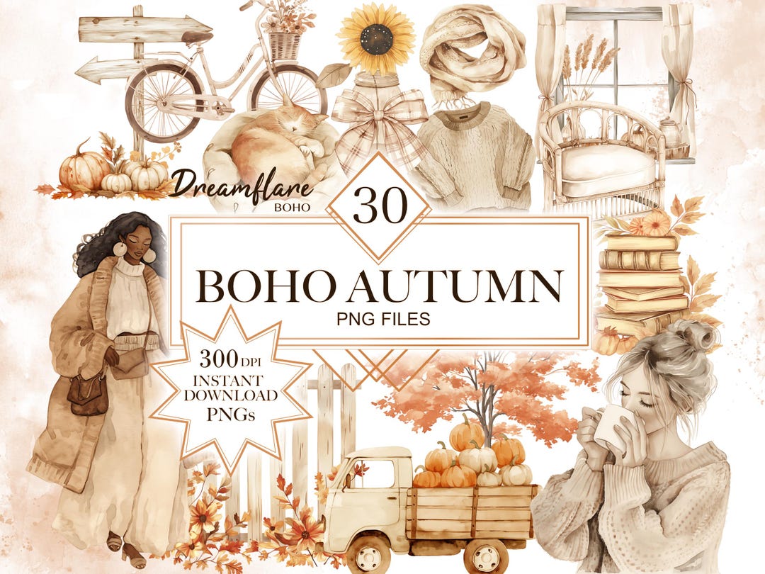 Watercolor Boho Autumn Clipart Bundle, Boho Fall PNG, Autumn PNG, Cozy ...