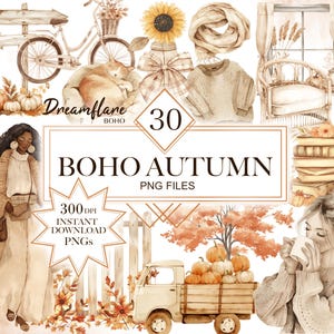 Watercolor Boho Autumn Clipart Bundle, Boho Fall PNG, Autumn PNG, Cozy ...