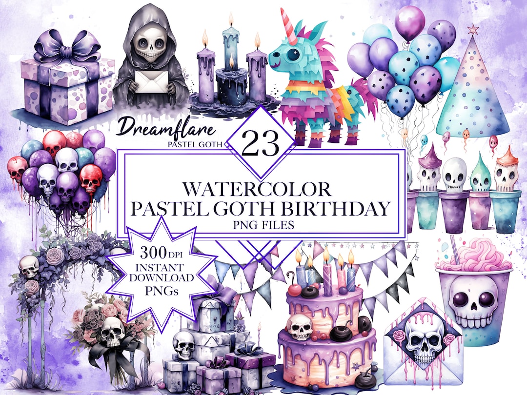 Watercolor Pastel Goth Birthday Clipart Bundle, Birthday Pngs, Spooky ...