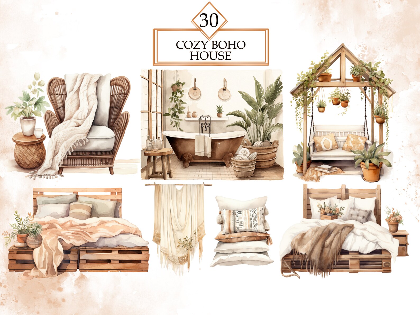 Watercolor Boho Cozy House PNG Clipart, Boho Clipart, Rustic Cozy House ...