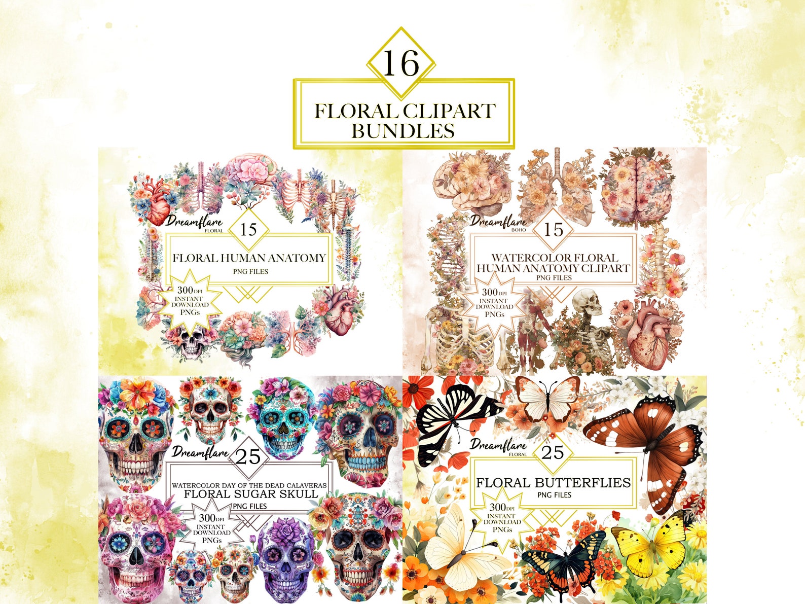 Watercolor Floral Elements Clipart PNG Mega Bundle, Flowers PNG, Floral ...