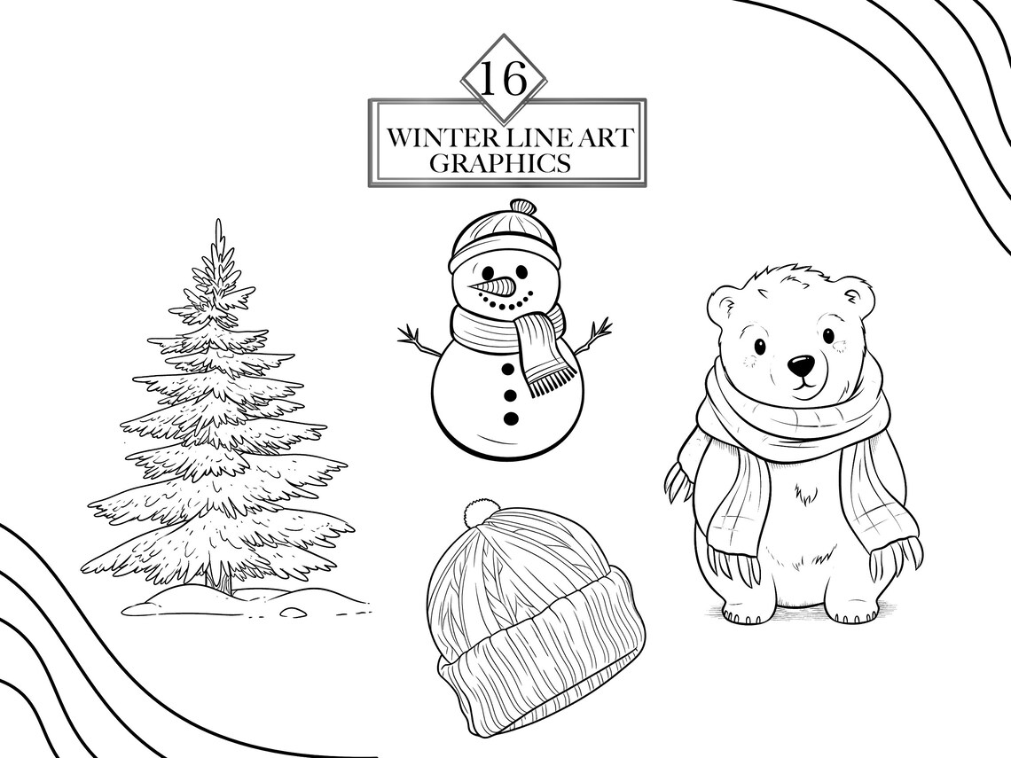 Winter Line Art Graphics PNG & SVG Bundle, Winter Digital Stamp ...