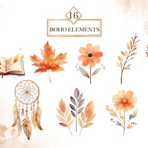 Watercolor Boho Elements Clipart Bundle, Watercolor Boho Doodle PNG ...
