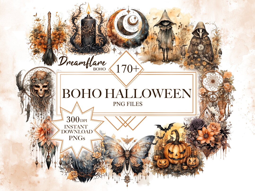Halloween Clipart Bundle, Watercolor Boho PNG Design, Goth Illustration ...