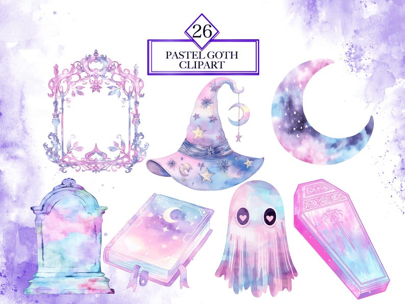 Watercolor Pastel Goth Elements Clipart Bundle, Pastel Goth PNG, Creepy ...