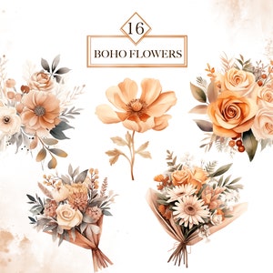 Watercolor Boho Flowers Clipart Bundle, Flower Bouquet Clipart, Floral ...