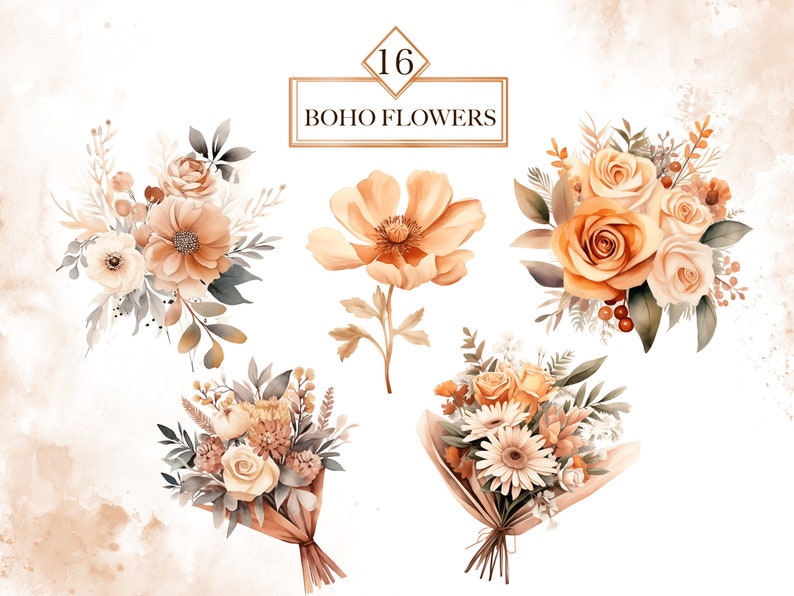 Watercolor Boho Flowers Clipart Bundle, Flower Bouquet Clipart, Floral ...