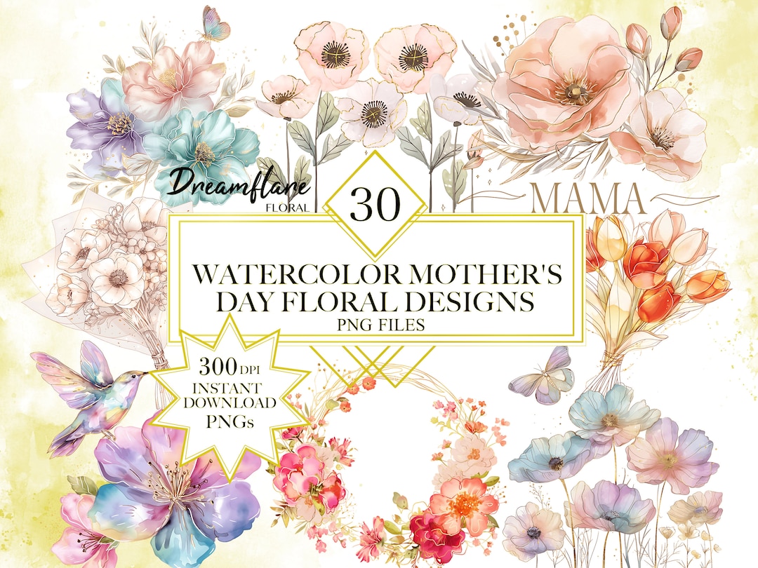 Watercolor Mothers Day Floral Clipart Bundle, Mother's Day PNG, Flowers ...