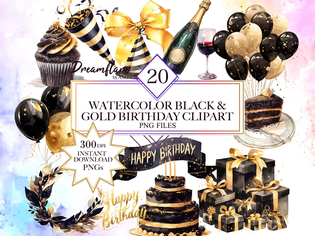 Watercolor Black & Gold Birthday PNG Bundle, Birthday Clipart ...