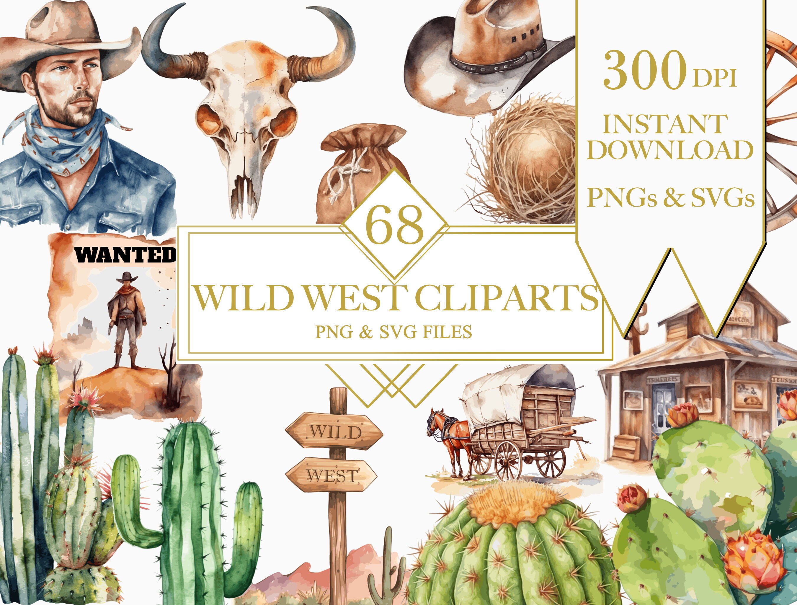 Watercolor Western Clipart Wild West Clipart Bundle PNG SVG - Etsy