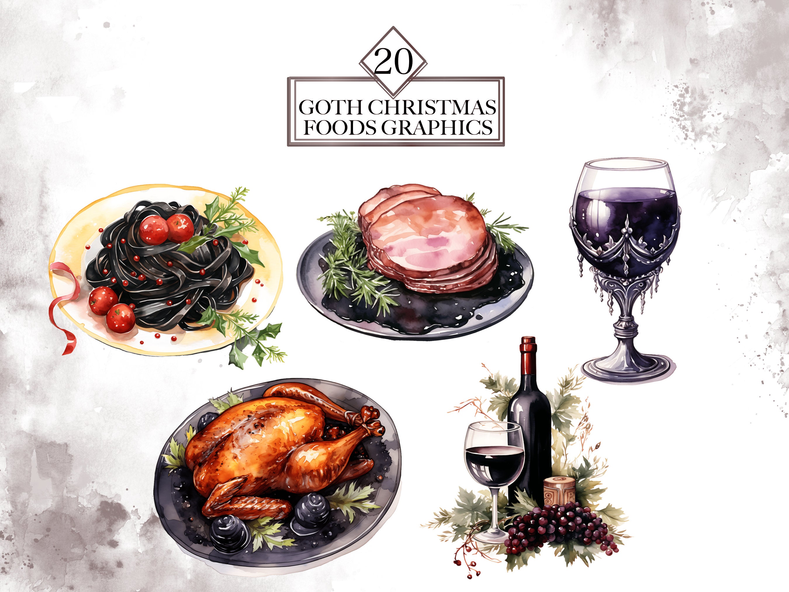 Watercolor Goth Christmas Foods PNG Bundle, Christmas Foods Clipart ...