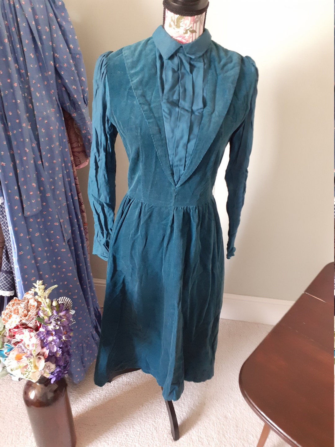 Vintage Courderoy Teal Secretarial Dress - Etsy