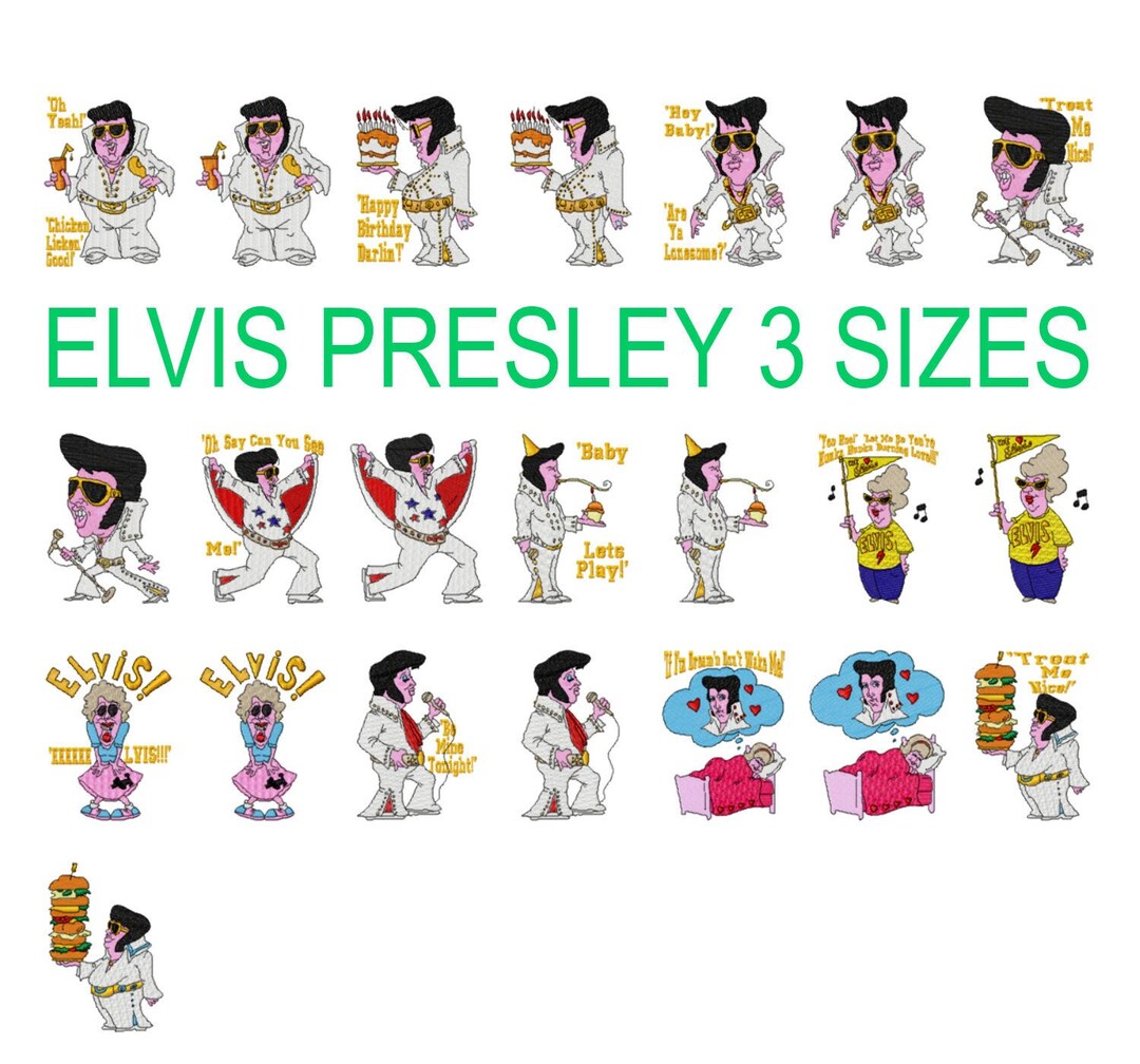22 Elvis Presley Machine Embroidery Designs, 3 Sizes Each, King of Rock ...