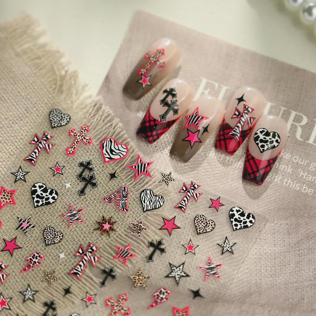 Sweet Edgy Baddie Nail Stickers - Leopard Star Heart Cross Y2K Cute ...