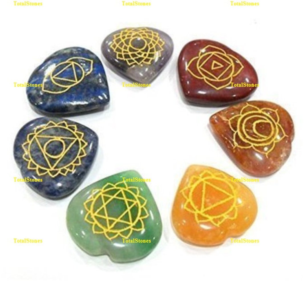 7 Chakra Stones in Heart, Oval & Round Shape / Engraved Seven Chakra ...