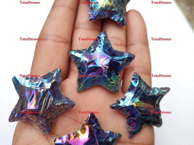 Titanium Coated Star / Angel Aura Obsidian Crescent Stars / Gemstone ...