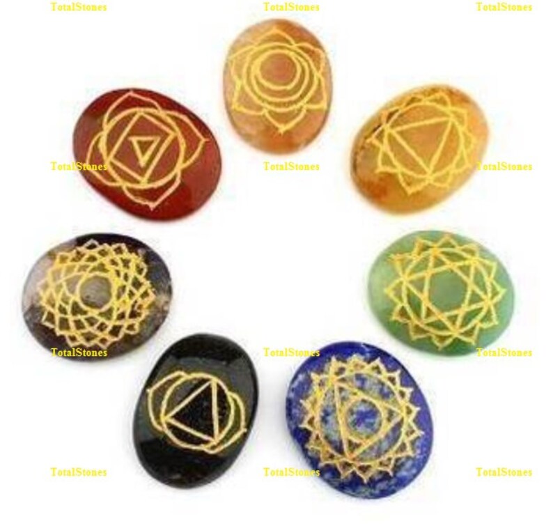 7 Chakra Stones in Heart, Oval & Round Shape / Engraved Seven Chakra ...