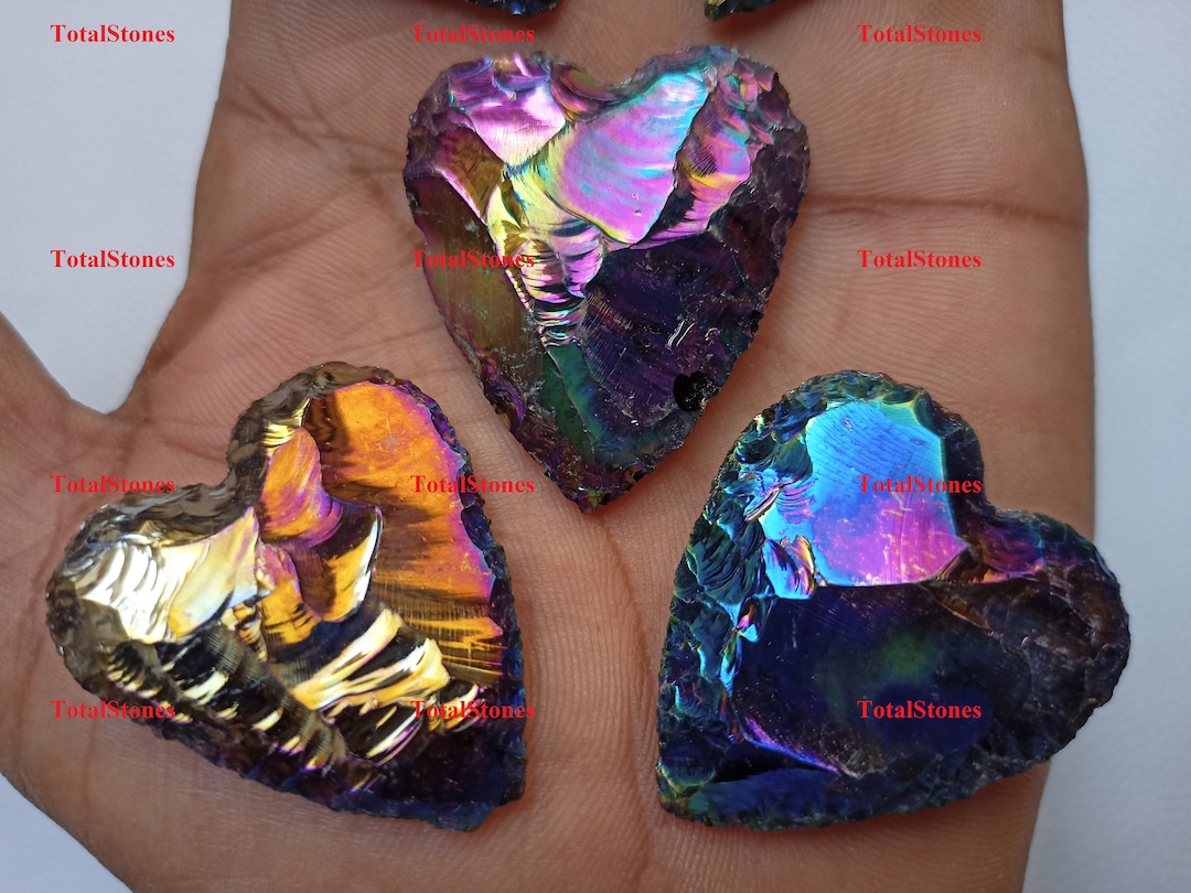 Angel Aura Quartz Hearts, Aura Obsidian Crescent Heart, Rainbow Coated ...