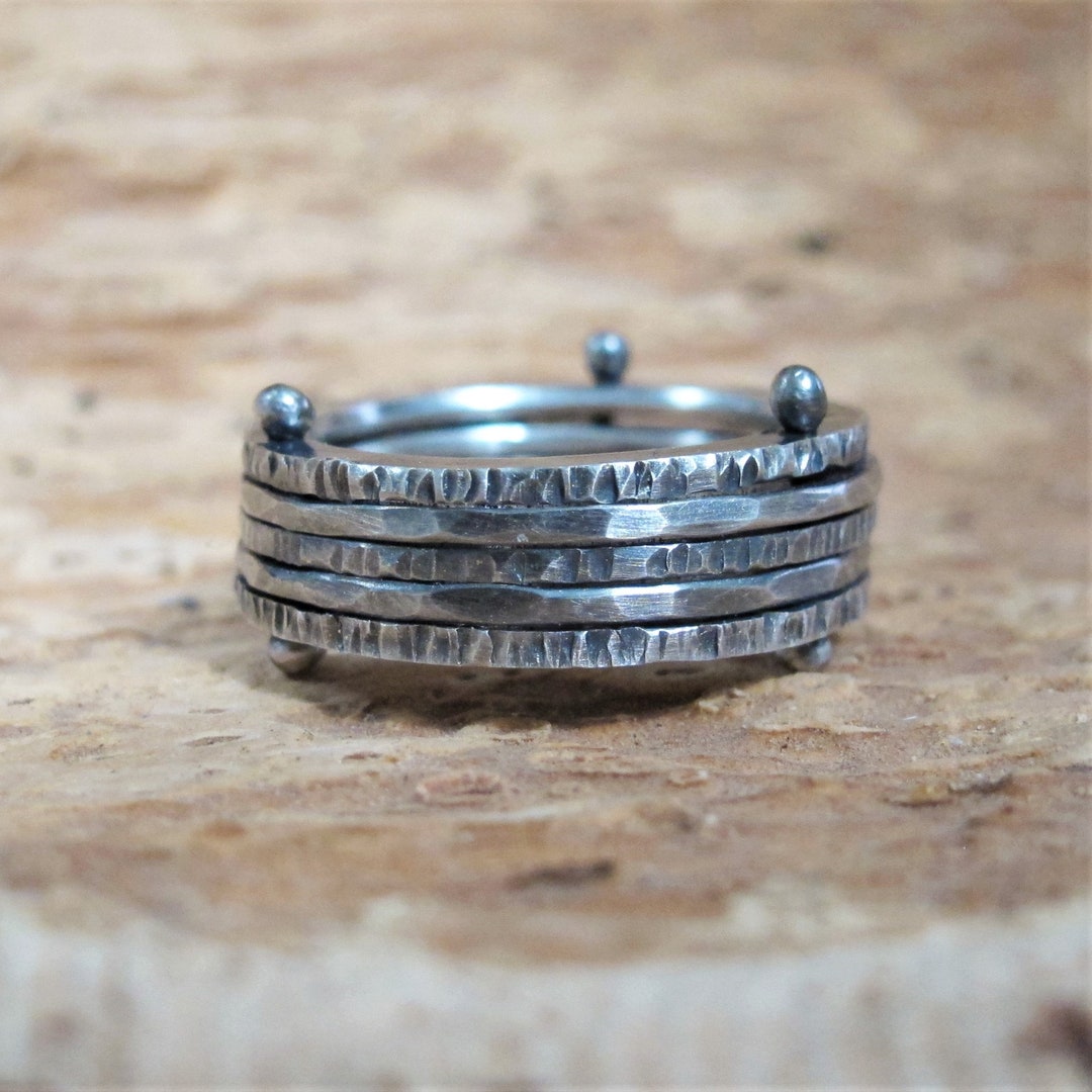 Men's Rustic Hammered Silver Wedding Ring, Multilayer Ring, Overlapping ...