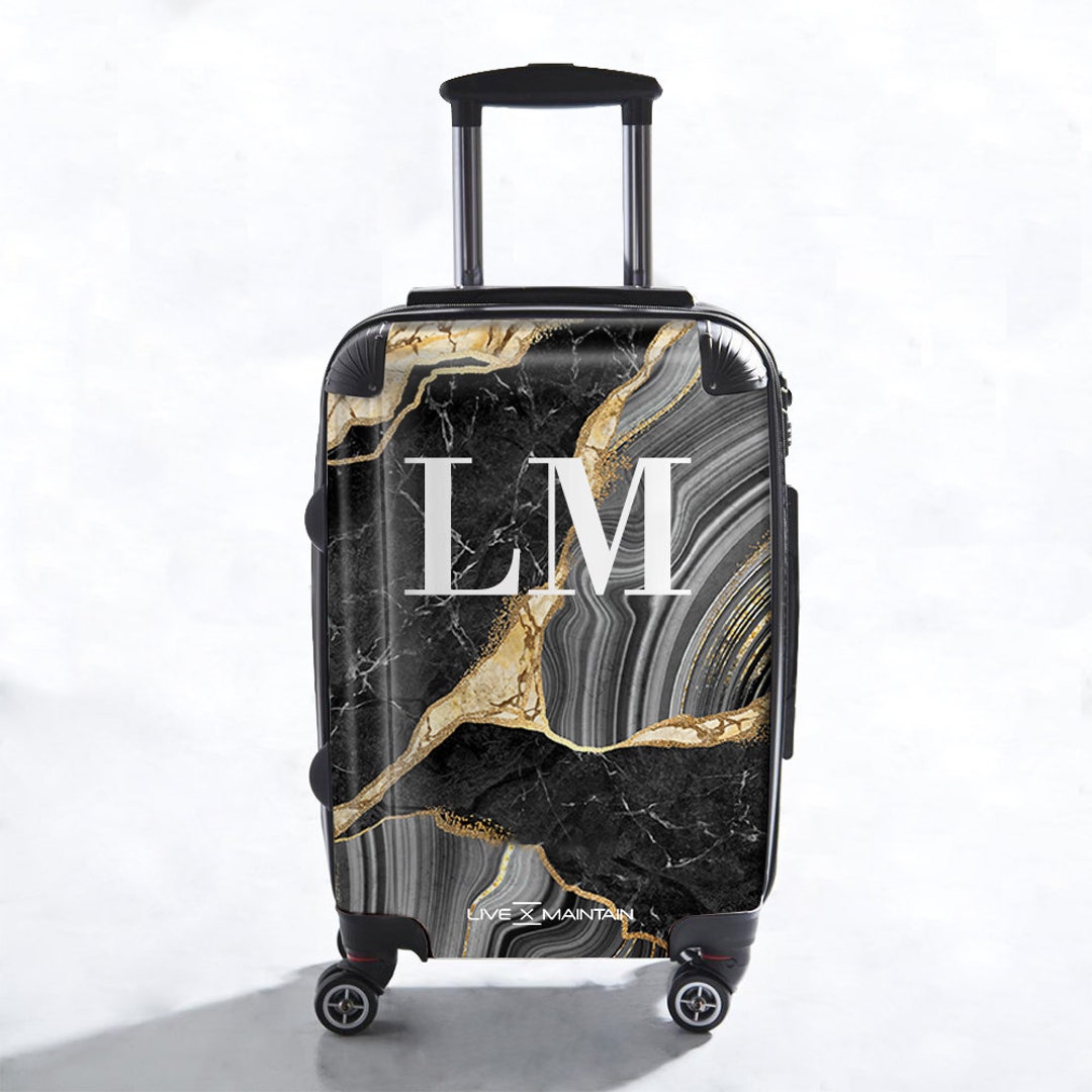Personalised Black and Gold Marble Initial Suitcase Cabin Suitcase ...