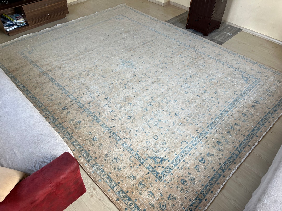 Blue Turkish Rug/ 9.35 X 12.25 Feet/ Hand Knotted Wool Rug/ Large Area ...