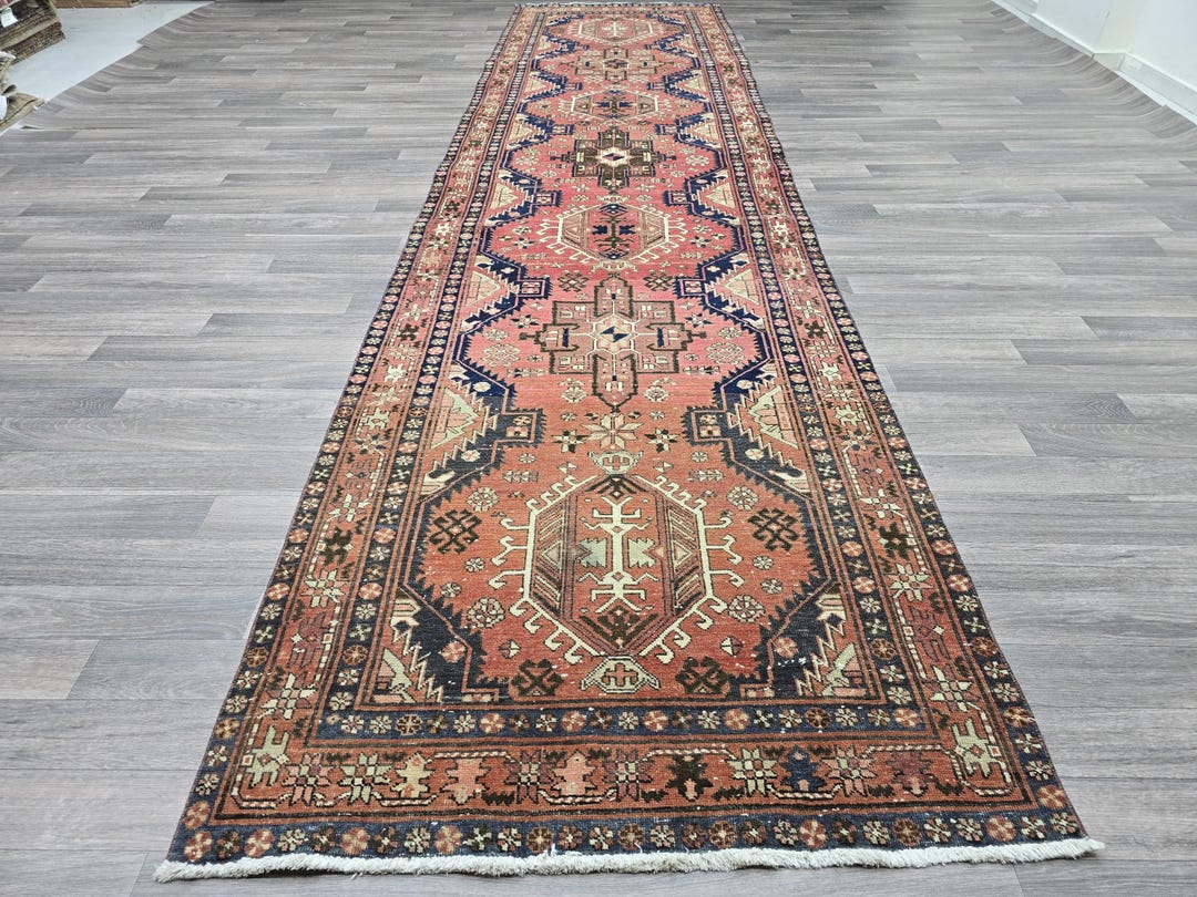 Vintage Persian Runner Rug, Coral Geometric Tribal Runner 3.6x14.15 Ft ...