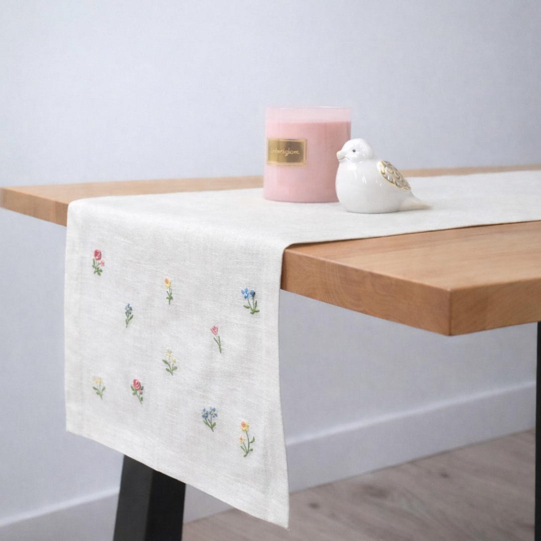 Ecru Linen Table Runner, Embroidered Small Spring Flowers, Pastel ...