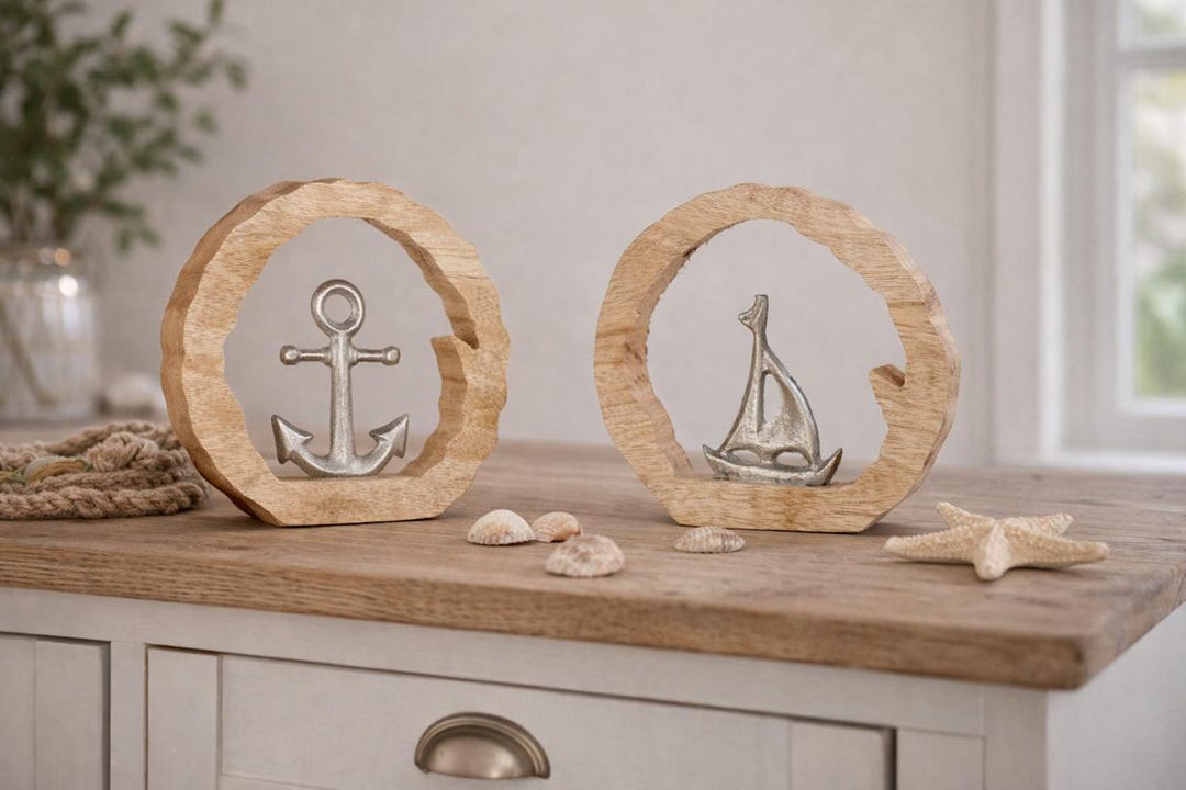 2 Pcs Stand Maritime Wooden Disc B932 Table Decoration Anchor Sailboat ...