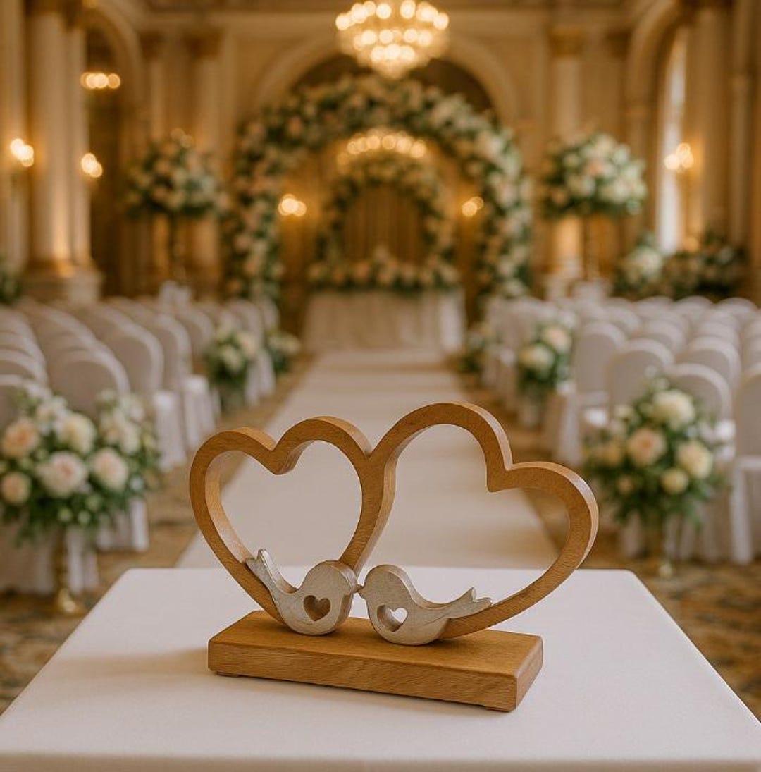 Stand LOVE 20x16x6cm Double Heart Mango Wood Metal Doves Wedding ...