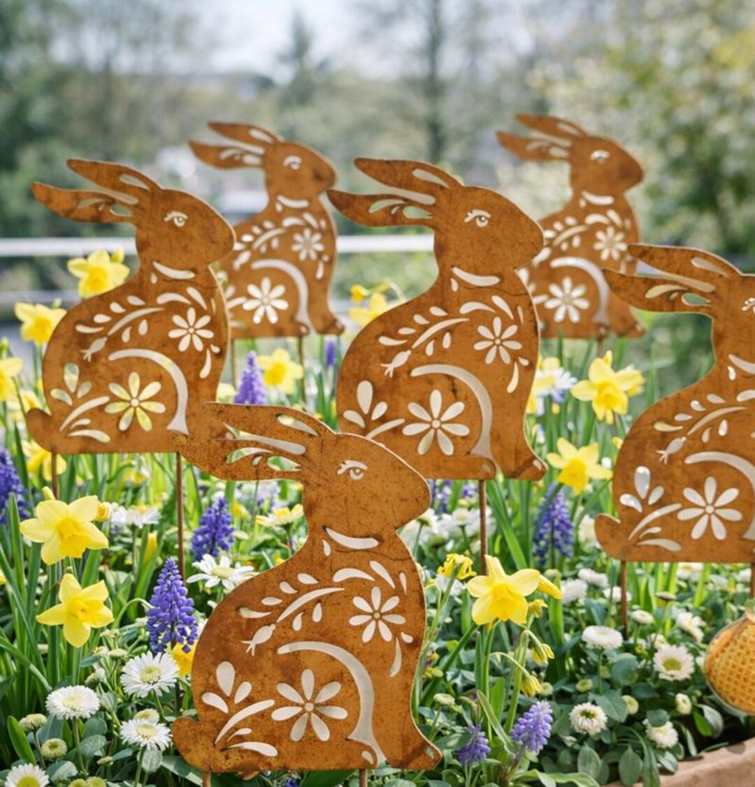 2 Metal Rabbit Rust Decorations, Brown, Metal Rabbit Stake No. 02 ...