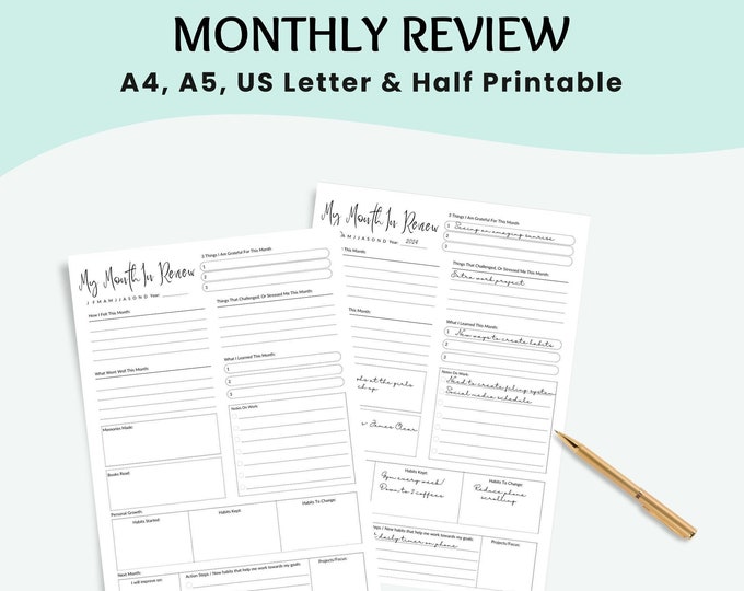 Monthly Review Planner, Monthly Review Printable, Printable Planner ...