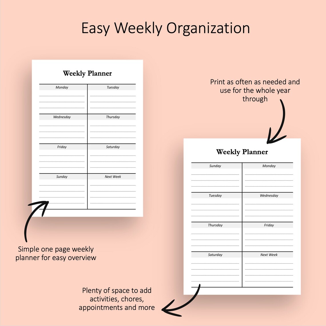Simple Weekly Planner Simple Planner Insert Weekly Planner - Etsy