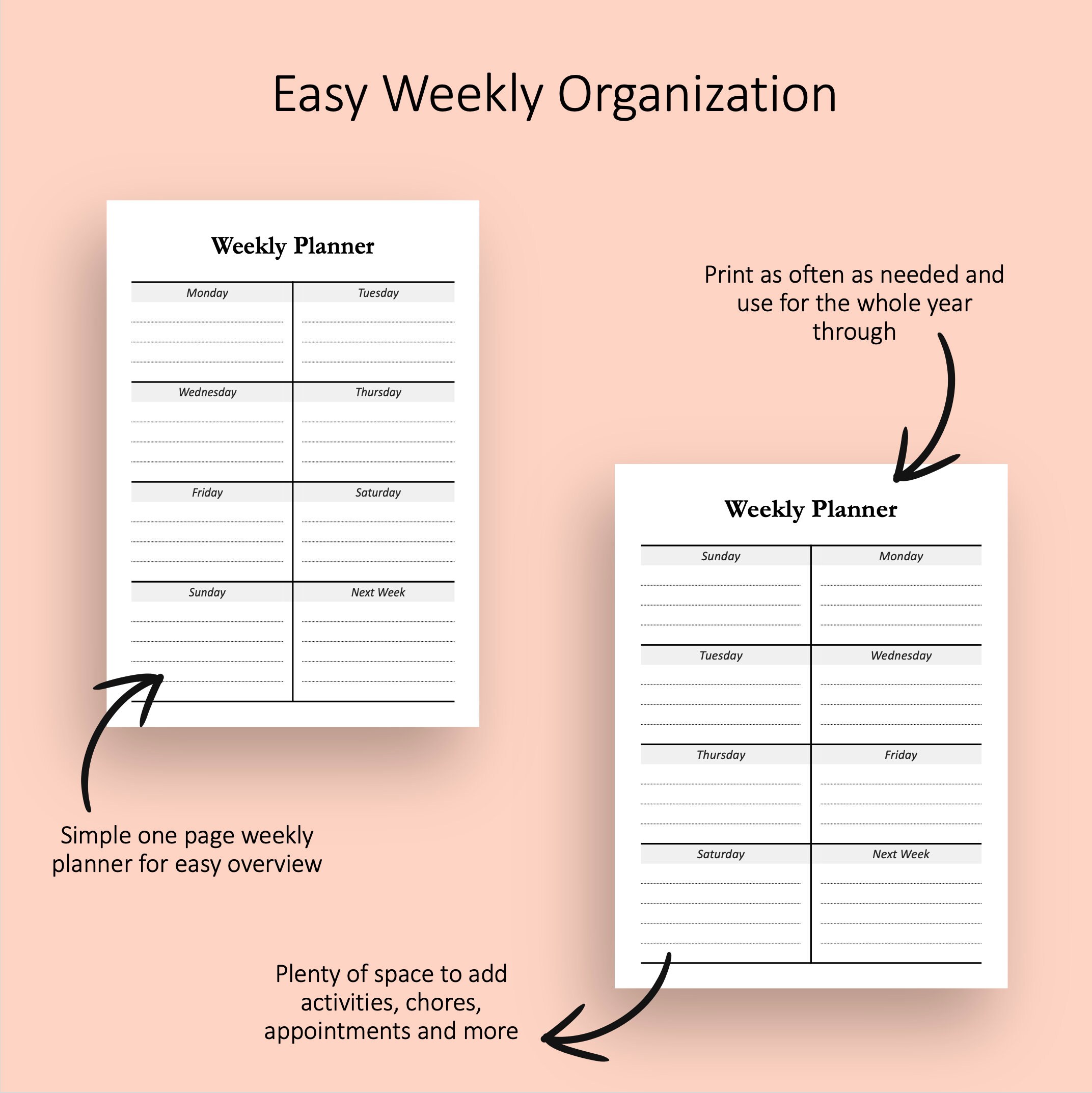 Simple Weekly Planner, Simple Planner Insert, Weekly Planner PDF ...